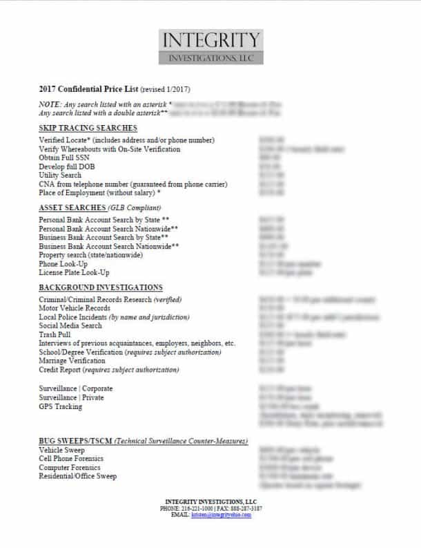 PRICE LIST - Integrity Investigations, LLC